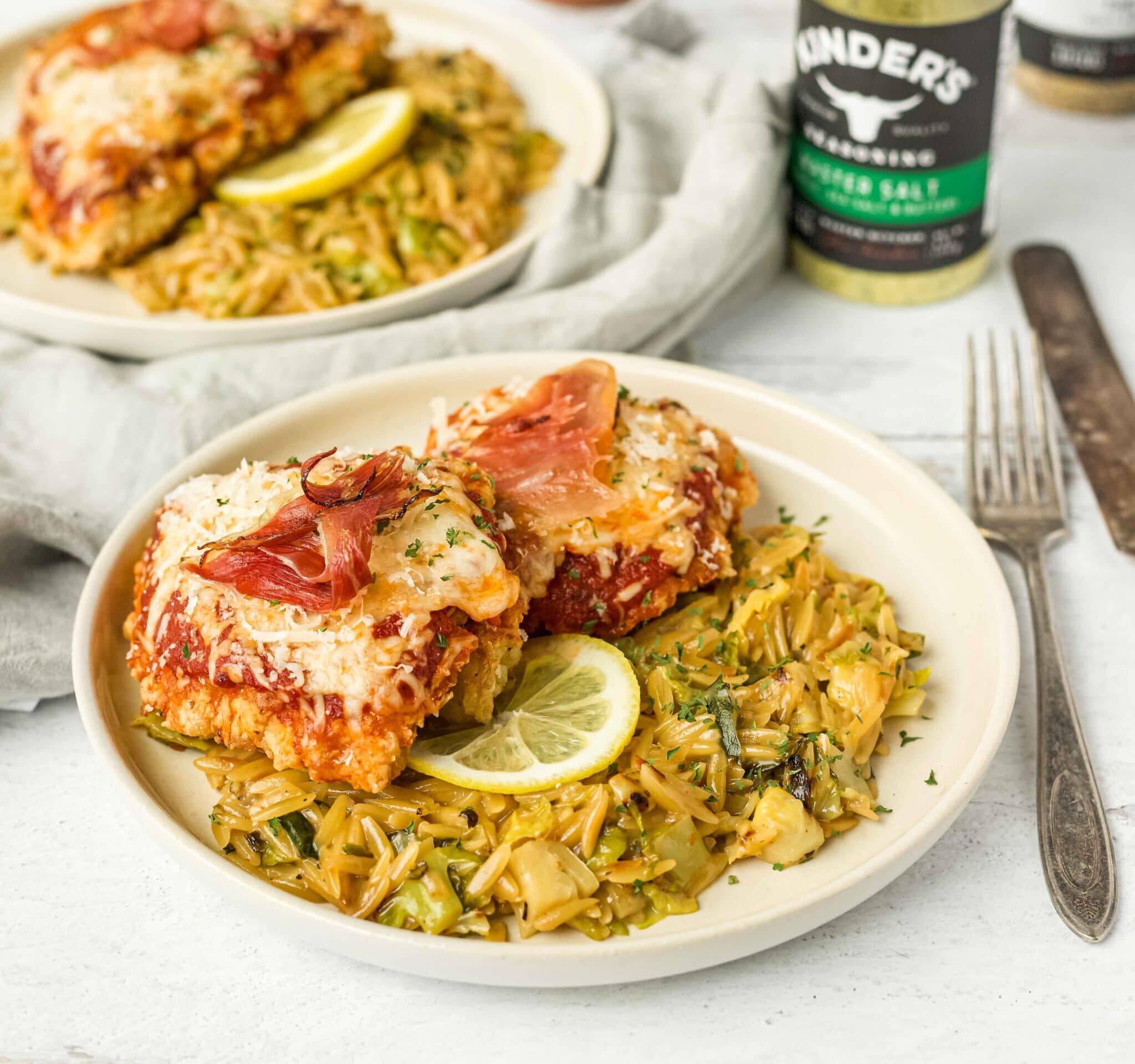 Garlic Butter Chicken Parmesan & Brussels Sprouts Orzo with Kinder's ...