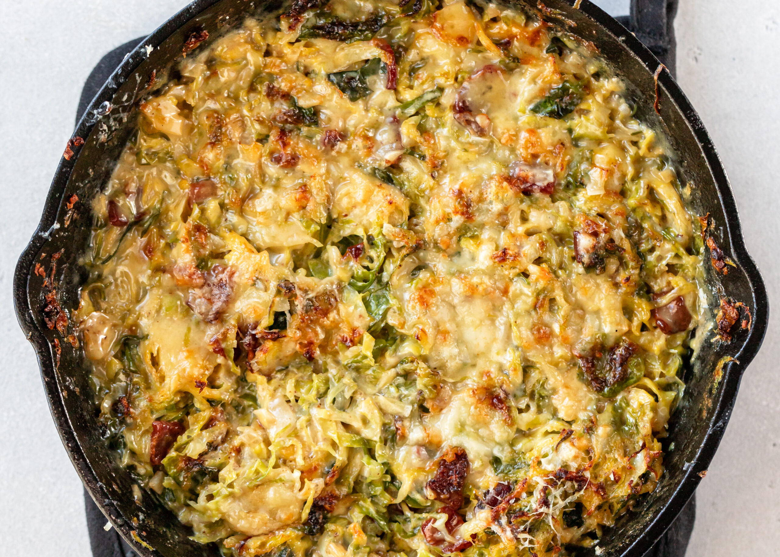 Shredded Brussels Sprouts Gratin with Bacon - A Flavor Journal